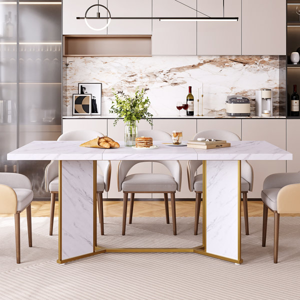 Mercer41 71 Inch Rectangular Dining Table With Gold Metal Frame White Marble Wooden Modern ...